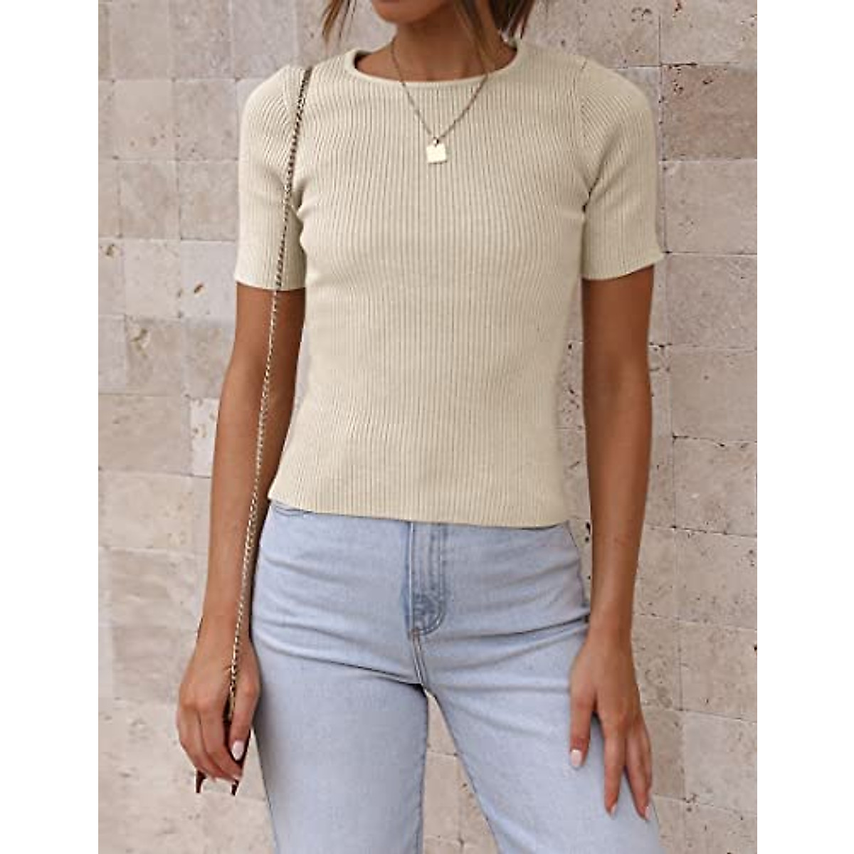 ZESICA Women's Short Sleeve Crewneck Ribbed Knit Slim Fit T Shirt 2023 Summer Casual Solid Color Tee Tops,Almond,Small