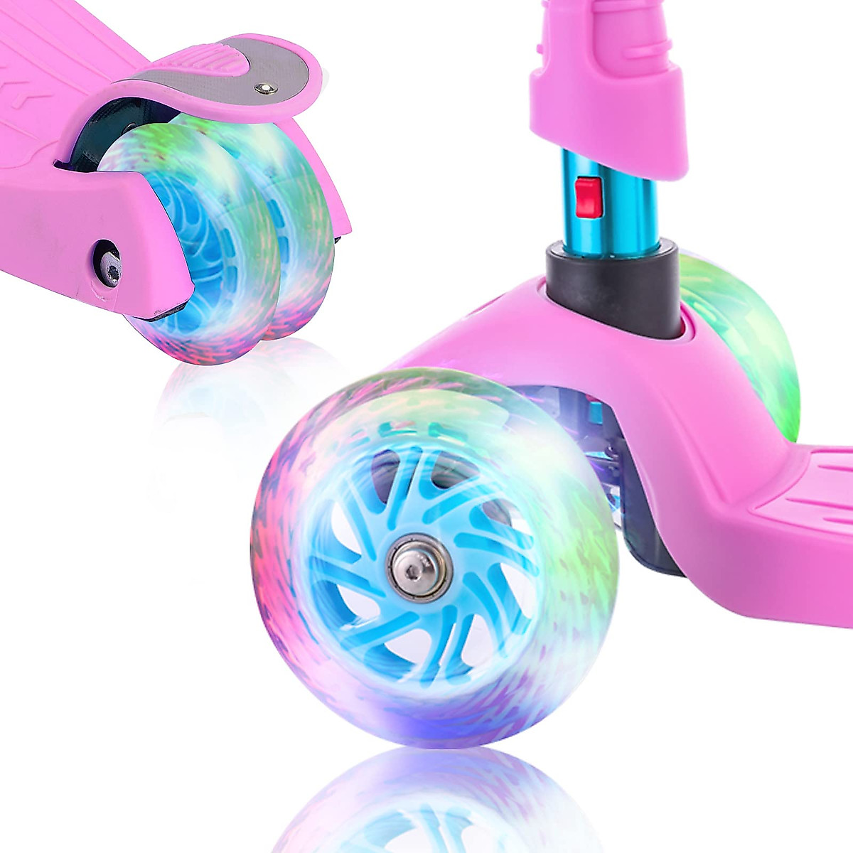 WV WONDER VIEW 3 Wheel Scooter for Kids, Kids Scooter with Light Up Wheels, Sturdy Deck Design, and 4 Height Adjustable Suitable for Kids Ages 3-12, Pink