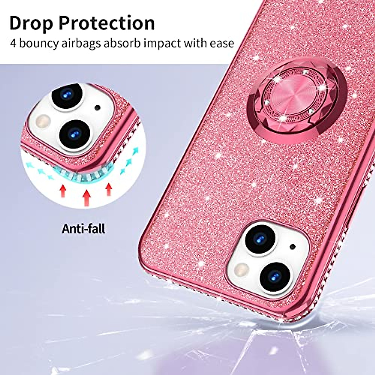 OCYCLONE for iPhone 13 Case, Glitter Sparkle Diamond Cover with Ring Stand Protective Phone Case Compatible with 6.1 inch iPhone 13 Case for Women Girls - Pink