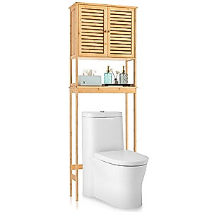 Bamboo Over The Toilet Storage Cabinet Organizer, Tall Bathroom Cabinet with Cupboard and Adjustable Shelves, Freestanding Toilet Shelf Space Saver Rack Stand for Laundry Room, Balcony (Natural)