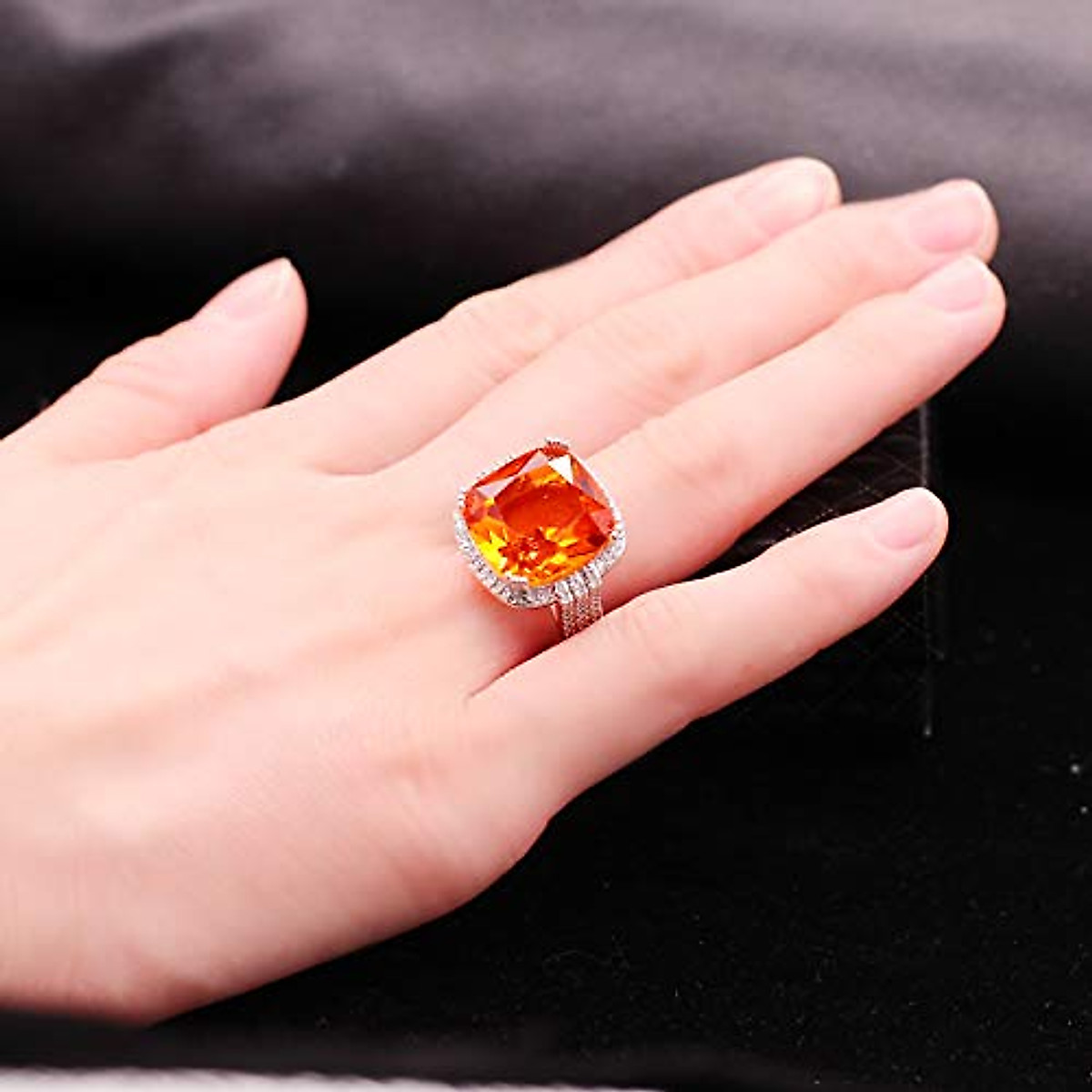 Uloveido Platinum Plated Big Princess Square Orange Stone Cocktail Ring for Women and Men with Cubic Zirconia Size 6 7 8 9 10 RA219 (Orange, 7)