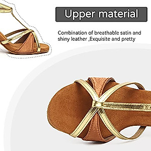 HIPPOSEUS Women's Latin Dance Shoes Brown T-strap Open Toe Ballroom Salsa Dance Shoes 3" heel,US 5.5