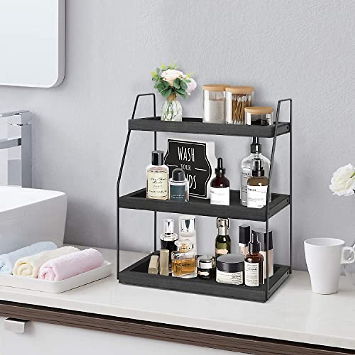 3-Tier Bathroom Counter Organizer, Wood Bathroom Countertop Vanity Organizer Bathroom Trays for Counter, Perfume Skincare Organizer Makeup Cosmetic Holder Standing Storage Shelf, Kitchen Spice Rack