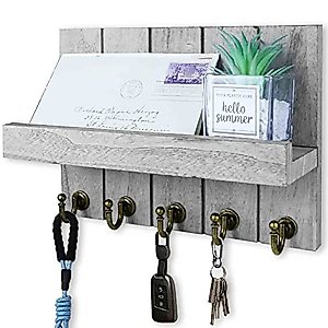 Wood Key Mail Holder Wall-Mounted - Key Holder with 5 Vintage Key Hooks, Key Holder for Wall Decorative, Rustic Key Hanger, Key Rack for Leash, Mail Holder with Shelf for Entryway, Office, White Grey
