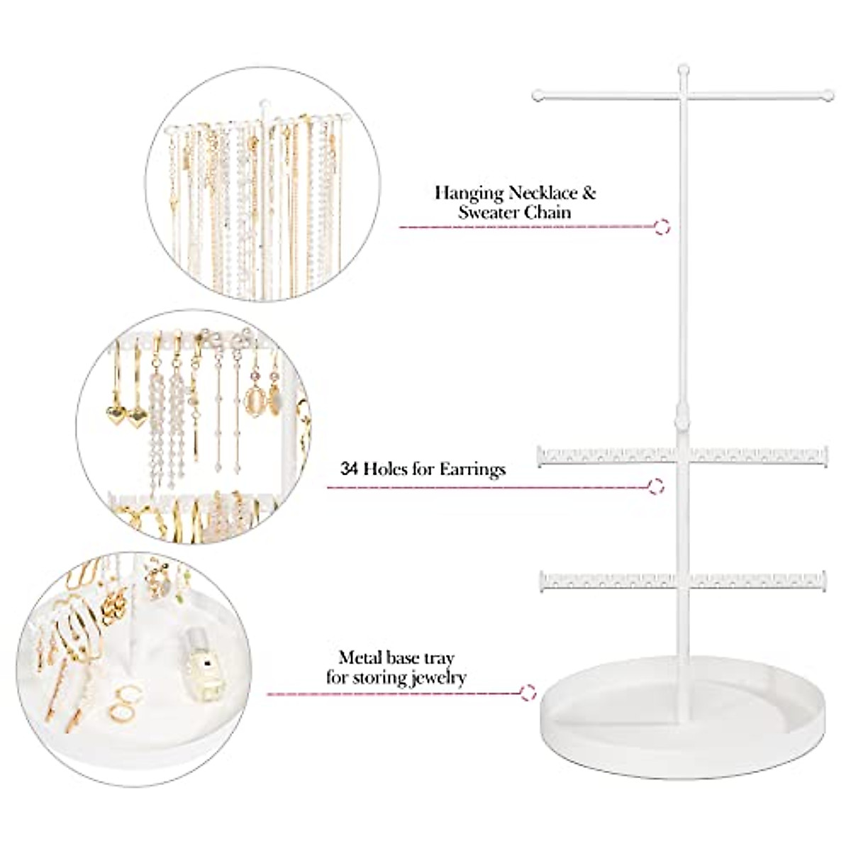 Jenseits Jewelry Organizer Stand, 3 Tier Necklace Organizer Holder Tree, Adjustable Height Jewelry Earring Display Towers, Long Necklaces Bracelets Jewelry Storage Rack for Dresser Bathroom Vanity