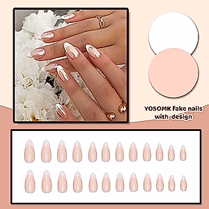YOSOMK French Tip Press on Nails Almond Medium Fake Nails with Chrome Designs Glossy Nude False Nails Mirror Glue on Acrylic Nails for Women