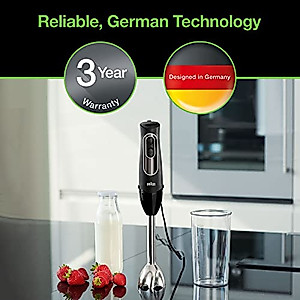 Braun MultiQuick 5 Immersion Hand Blender Patented Technology - Powerful 350 Watt - Dual Speed - Includes Beaker, Whisk, 505, Black, MQ505