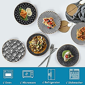Sanbege 6 Pcs Porcelain Salad Plates, 8" Ceramic Serving Plates, Mix Match Dishes for Sandwich, Pasta, Steak, Dessert (Black and White)
