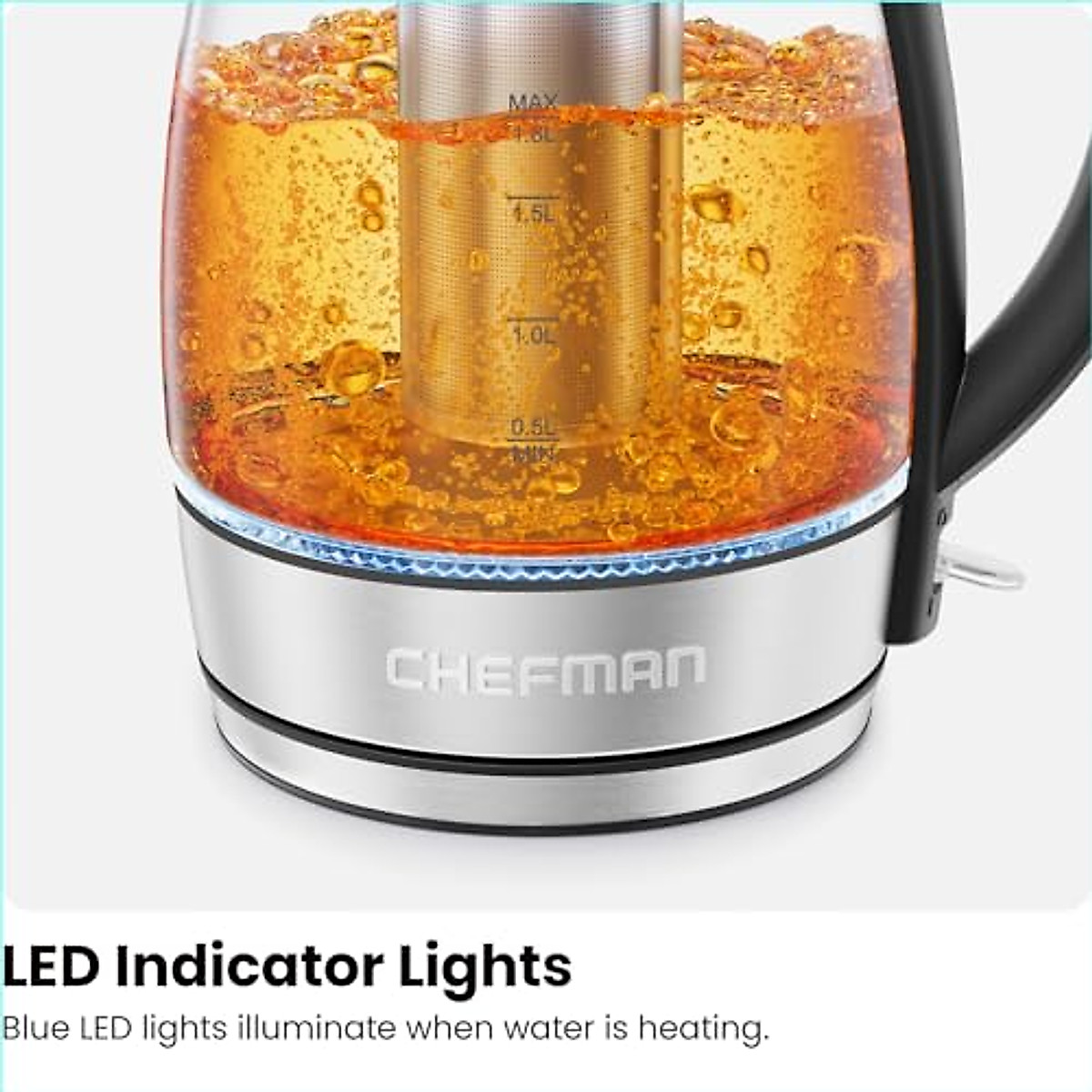 Chefman Electric Glass Kettle LED Indicator Lights, 360 deg Swivel Base, BPA Free, Stainless Steel, 1.8 Liters