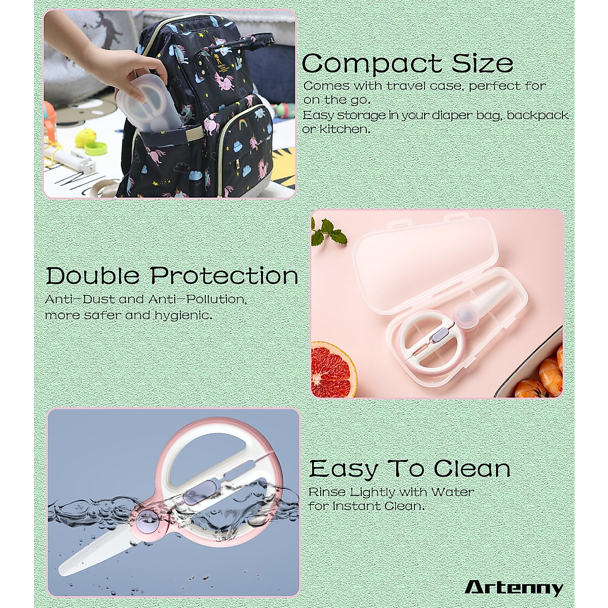 Artenny Kids Food Scissors, Ceramic Baby Food Scissors with Case Travel, Portable Toddler Food Scissors with Safety Lock (A)