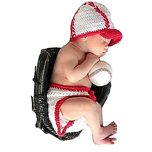 Pinbo Baby Infant Photography Prop Costume Baseball Crochet Knitted Hat Diaper White