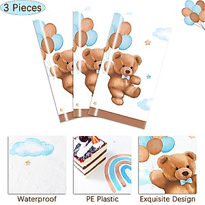 3 Pieces Teddy Bear Baby Shower Tablecloths Plastic Table Cover, Boho Brown Blue Baby Shower Birthday Party Decorations Supplies for Boys Kids Large Size 108×54 Inch Rectangular Cute Bear Table Cloth