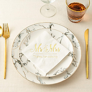 Crisky Napkins Mr and Mrs Gold Cocktail Beverage Dessert for Wedding Shower Engagement Party Decorations, Cake Table Decor Supplies. 100 Pcs, 3-Ply