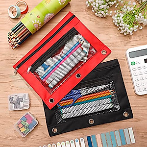 Antner Binder Pencil Pouch for 3 Ring Binder, 2 Pack 3 Ring Binder Pencil Pouches Double Zipper Pencil Case Cosmetic Bag, Black & Red