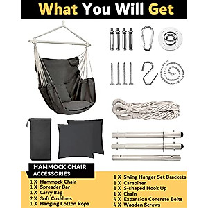 Miztli Hammock Chair Hanging Chair Swing for Bedroom with Anti-Slip Steel Spreader Bar, Max 500 Lbs, All The Hanging Hardwares Included, Best for Indoor Outdoor, 2 Cushions