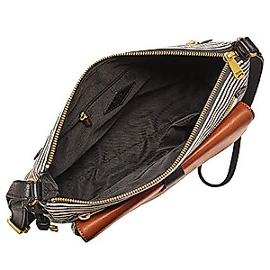 Fossil Women's Kinley Fabric Large Crossbody Handbag, Black Stripe with Women's Logan Faux Leather RFID Tab Clutch Wallet, Brown