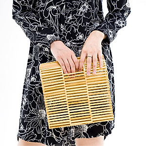 popmazing Women's Bamboo Handbag by Handmade Straw Bag,Tote Bamboo Purse Natural Basket Bag for Summer Beach