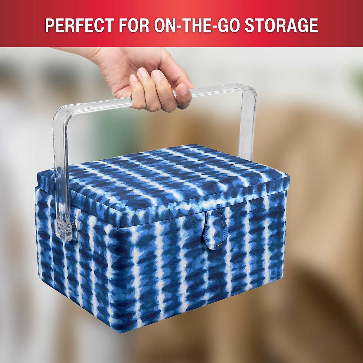 SINGER Large Sewing Basket with Notions & Matching Pin Cushion | Sewing Kit & Storage with Scissors, Tape Measure, Thread, & More (Blue Tie Dye)