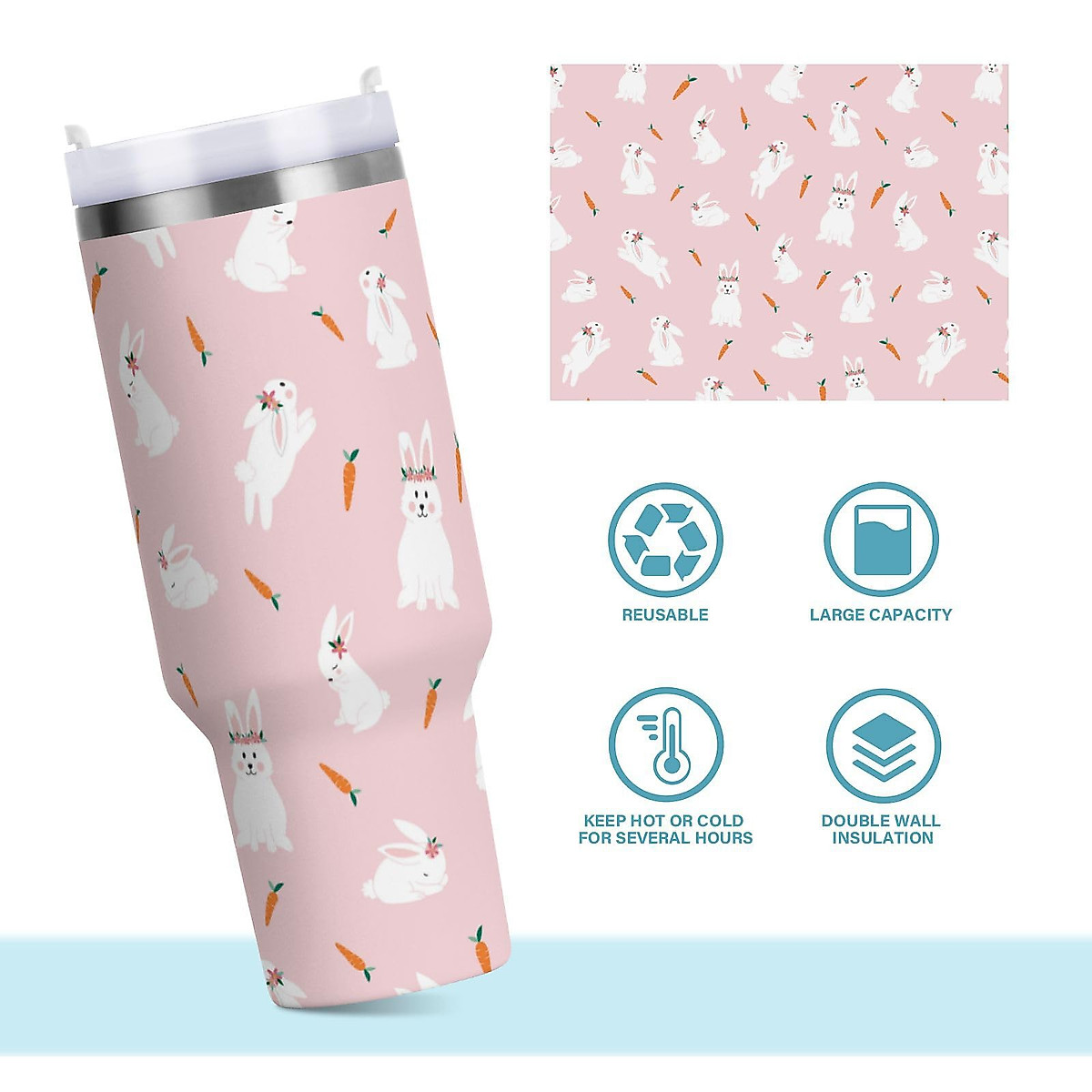 MCHIVER Easter Bunnies 40 oz Tumbler with Handle and Straw Stainless Steel Vacuum Water Bottle Leak-proof Travel Coffee Mug Thermos Water Bottle for Iced Tea Coffee