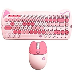 Attoe Wireless Mouse and Keyboard, Cute Cat Keyboard Mouse Combo for Girl Gift,2.4G Cordless Computer Mice with USB Receiver for Laptop PC MAC (Cherry Blossom Pink)…