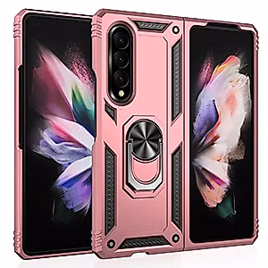 IKAZZ Galaxy Z Fold 3 Case,Samsung Z Fold 3 Cover Military Grade Shockproof Heavy Duty Protective Phone Case Pass 16ft Drop Test with Magnetic Kickstand for Samsung Galaxy Z Fold 3 Rose Gold