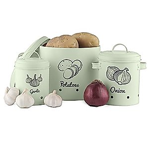 Navaris Potato Onion Garlic Storage Canisters (Set of 3) - Keeper Canister Tin Containers for Potatoes, Onions and Garlic - Vintage Look - Mint Green