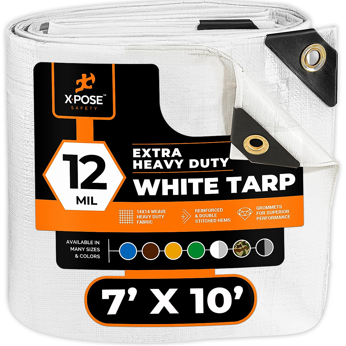 Heavy Duty White Poly Tarp 7' X 10' - Multipurpose Protective Cover - Durable, Waterproof, Weather Proof, Rip and Tear Resistant - Extra Thick 12 Mil Polyethylene - by Xpose Safety