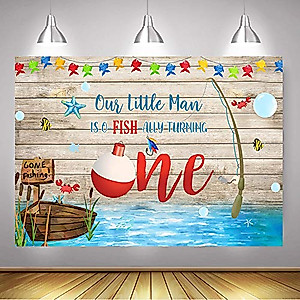 Mocsicka Gone Fishing Birthday Party Backdrop O-Fish-Ally 1st Birthday Party Decoration for Boy Rustic Wooden Cake Smash Photography Background (7x5ft)