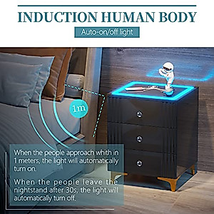 dnbss Black Night Stand Set 2, LED Nightstand with Wireless Charging Station, USB and Type-C, Smart Bedside Table with 3 Storage Drawers for Bedroom, Modern End Side Table with Glass Top