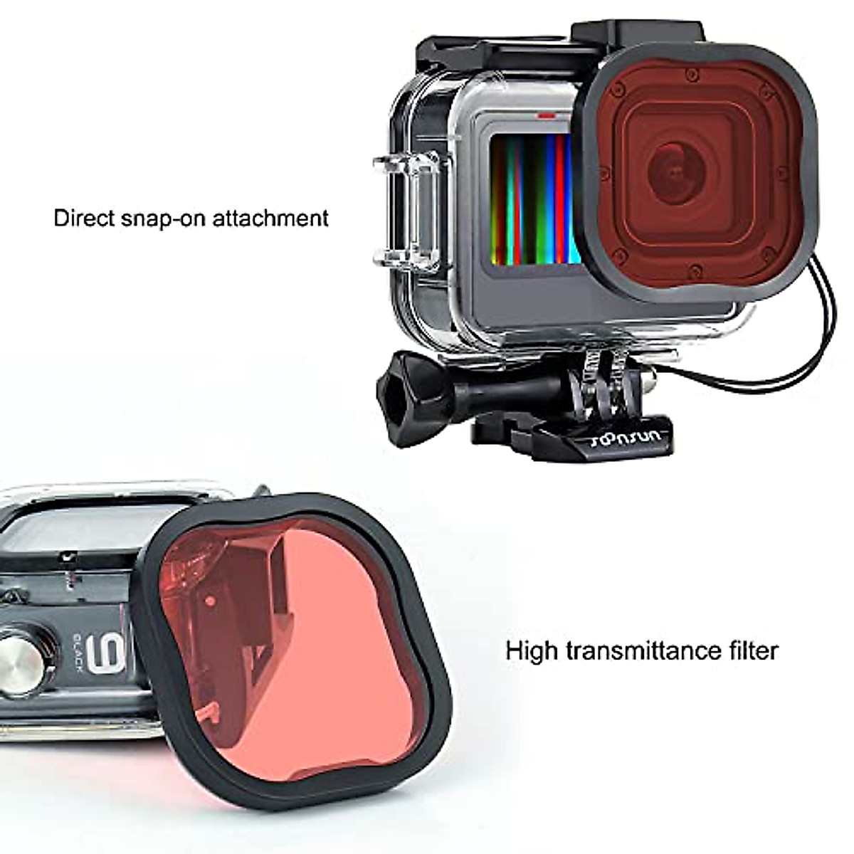 SOONSUN Waterproof Case for GoPro Hero 11 / 10 / 9 Black with 4-Pack Diving Filter - 60M Underwater Protective Housing Case for GoPro HERO11 10 9 Black with Red, Light Red, Magenta, 5X Macro Filters