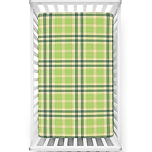Plaid Themed Fitted Mini Crib Sheets,Portable Mini Crib Sheets Toddler Bed Mattress Sheets-Great for Boy or Girl Room or Nursery,24“ x38“,Beige Green Hunter Green