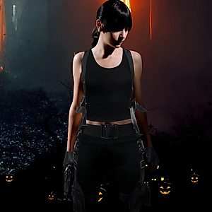 Jiuguva 5 Pcs Halloween Thigh Holsters Costume Includes Black Racerback Sleeveless Crop Tank Tops Running Shirt Spandex Shorts for Women Half Finger Driving Gloves Drop Leg Gun Holster Drop Leg Pouch