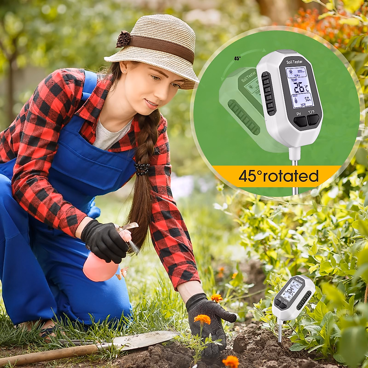 4-in-1 Soil Moisture Meter Digital Plant Temperature/Soil Moisture/PH Meter/Sunlight Intensity Backlight LCD Display Soil Test Meter for Gardening, Farming and Outdoor Plants