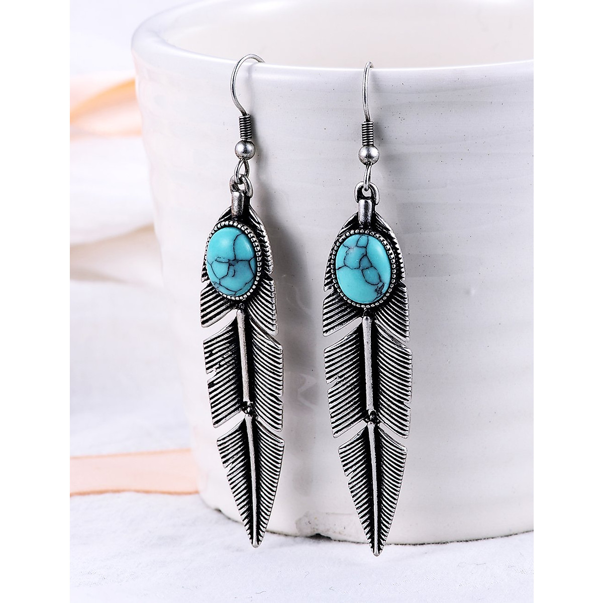 XZP Women's Created-Turquoise Earrings Bohemian Compressed-Turquoise Jewelry Mother Gifts Pendant Metal Tribal Feather Tibetan Dangle Drop Earrings for Women