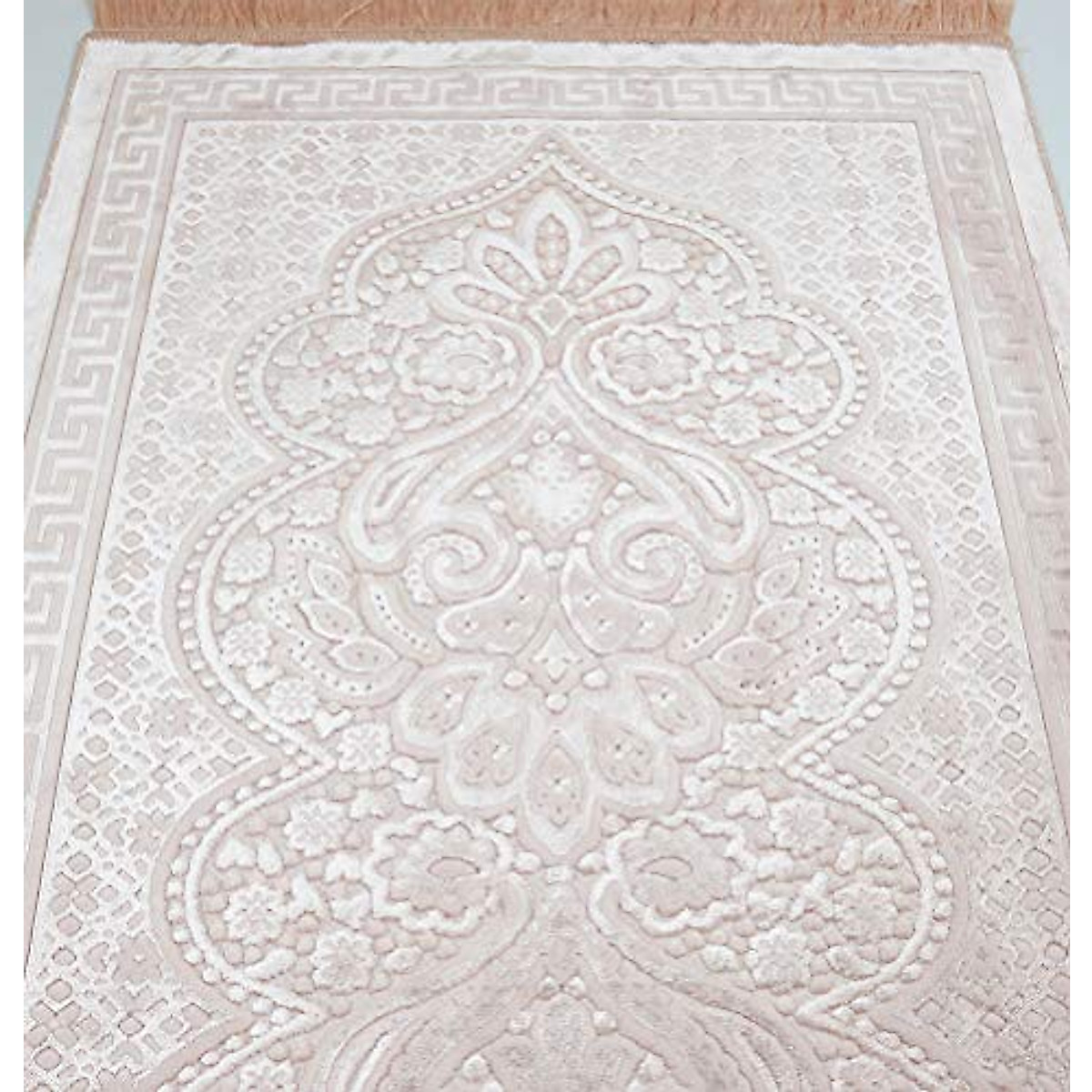 Modefa Velvet Prayer Rug - Soft Plush Turkish Janamaz Sajada Carpet for Men and Women - Plain Solid Prayer Mat Ramadan Eid Gift - with Prayer Beads - Floral Luxury Paisley (Blush Pink)