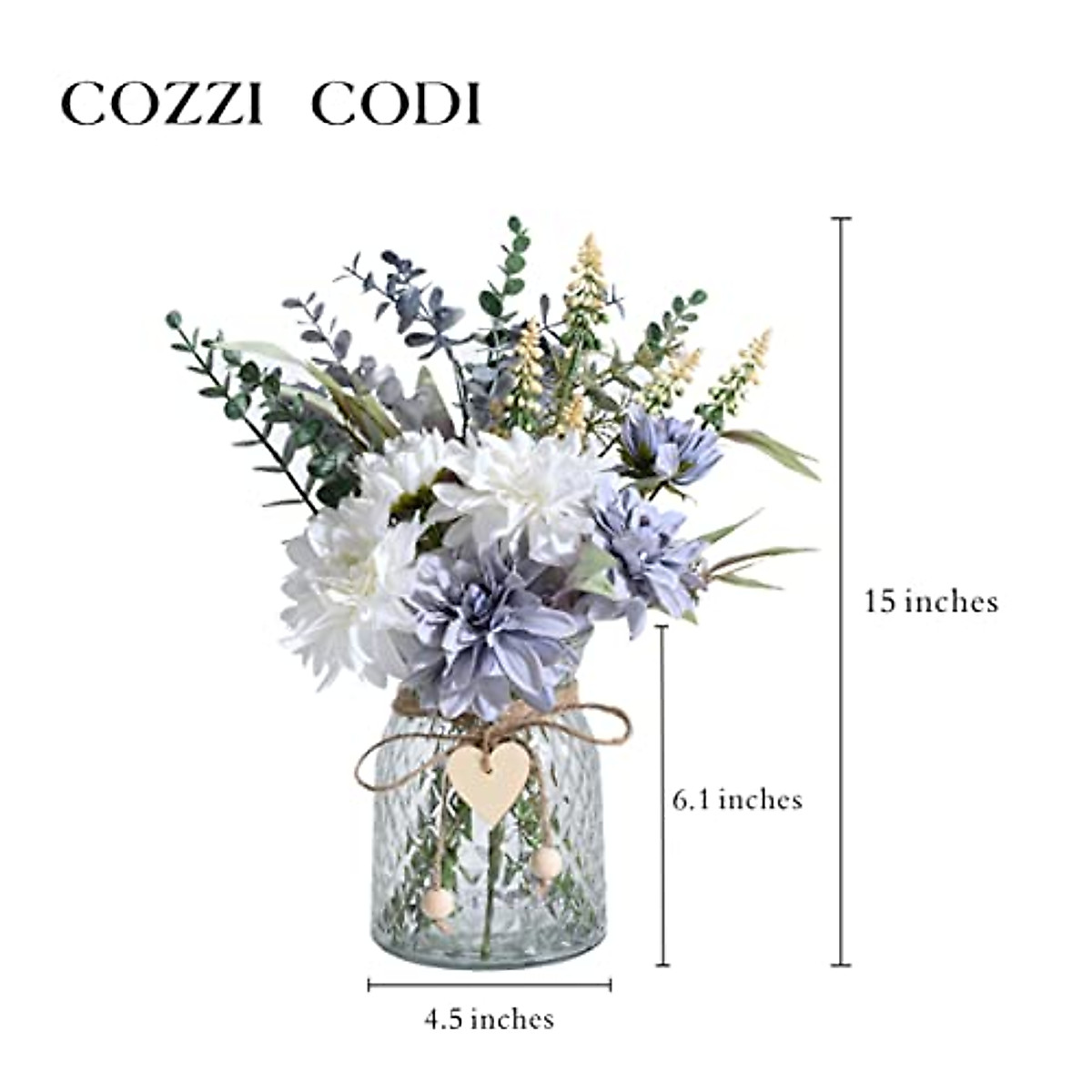 COZZI CODI Fake Flowers Artificial Blue Flowers with Vase, Table Centerpieces for Dining Room, Silk Flower Arrangements for Home, Living Room Bathroom Plant Decor, Centerpiece Table Decorations