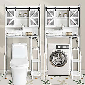 CHANFOK Over The Toilet Storage Cabinet, Storage Cabinet Over Toilet with 2 Barn Door and Toilet Paper Holder Stand,RGB Light Strip,Home Space-Saving Toilet Rack, for Bathroom, Restroom, Laundry