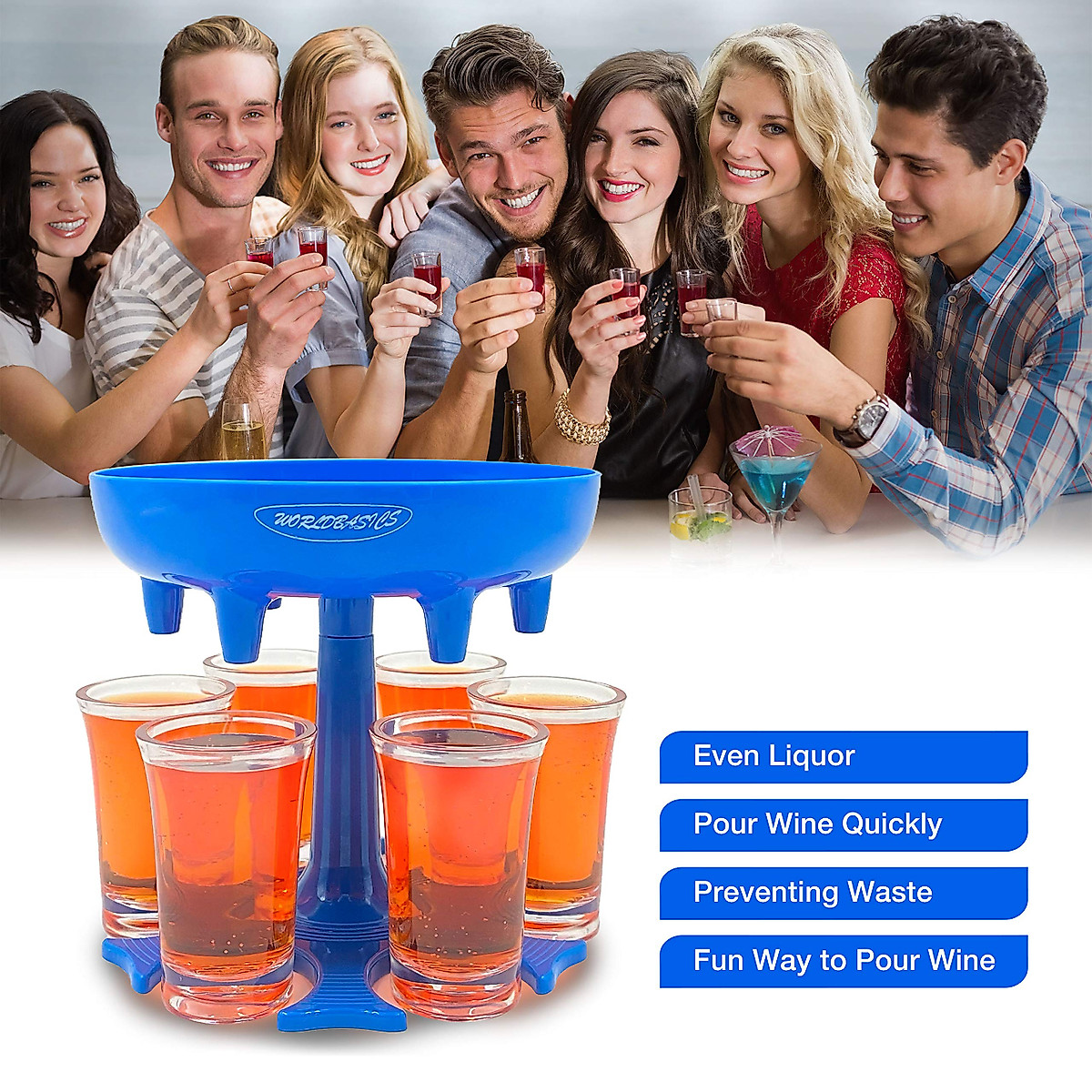 WorldBasics 6 Shot Glass Dispenser and Holder | Includes Shot Dispenser with Shot Glasses & Plugs | Shot Buddy Dispenser with Glasses | Shot Glass Holder & Shot Pourer- (Blue)