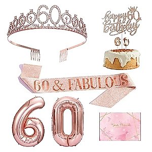 60th Birthday Gifts for Women Rose Gold, 60 Years Old Birthday Tiara, Sash, Balloons, Cake Topper, Candle and Glasses for 60th Birthday Party Decoration, 6 PCS
