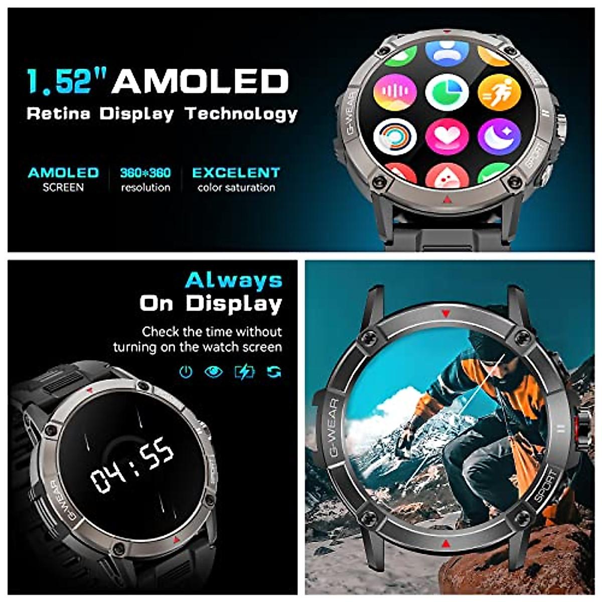 Smart Watch for Men with Bluetooth Call, 1.52''HD Military smartwatch IP68 Waterproof Fitness Watch with Heart Rate Sleep Monitor,Fitness Activity Tracker with Compass Sports Watch for Android iOS