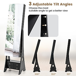LOKO Freestanding Jewelry Cabinet with LED Light Strip, Lockable Jewelry Armoire w/ 3 Adjustable Angle, Foldable Organizer Storage w/High Full Length Mirror for cloakroom bedroom living room (Black)
