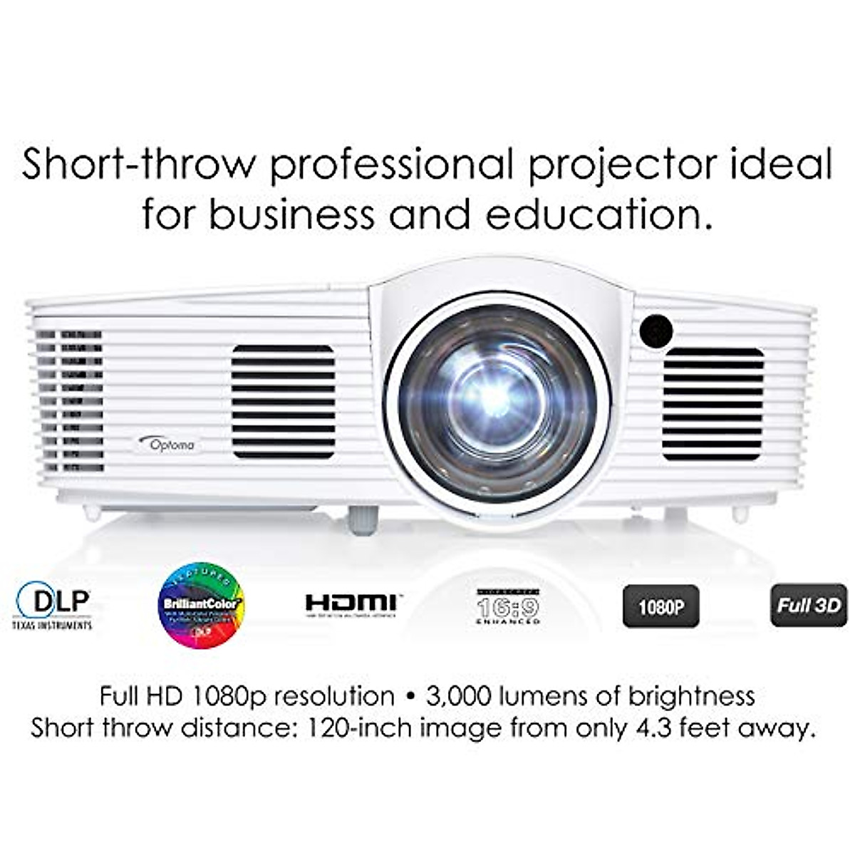 Optoma EH200ST Full 3D 1080p 3000 Lumen DLP Short Throw Projector with 20,000:1 Contrast Ratio and MHL Enabled HDMI Port , white