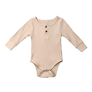 Infant Baby Toddler Girls Boys Ruffle Romper Bodysuit Striped Long Sleeve Cotton Jumpsuit Basic Clothes (Light Beige, 3-6M)