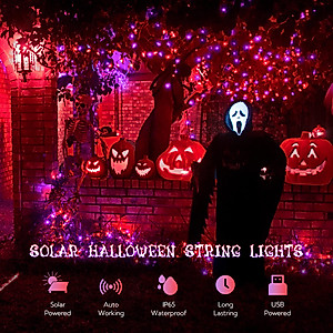 Hopolon Solar Halloween String Lights Outdoor Waterproof,72ft 200LED Purple Red Solar String Lights with USB for Christmas, Halloween, Garden, Christmas Tree, Outdoors Patio Garden Party(Purple Red)