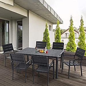 AECOJOY 7 Piece Outdoor Dining Set, Aluminum Patio Table and Chairs Set for 6 with Rectangular Table and Stackable Chairs for Garden, Backyard, Black