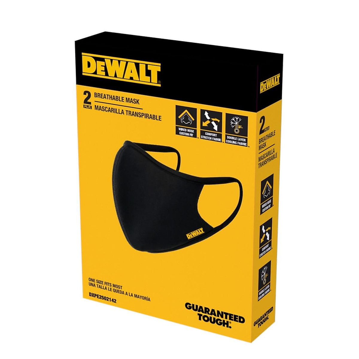 DEWALT Breathable Cloth Face Masks — Adjustable Earloops and Removable Neckstrap — Black — 2-Pack