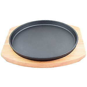 SUNRISE Round Cast Iron Set W/Rubber Wood Underliner For Making Pizza, Sizzling meat (11.80")