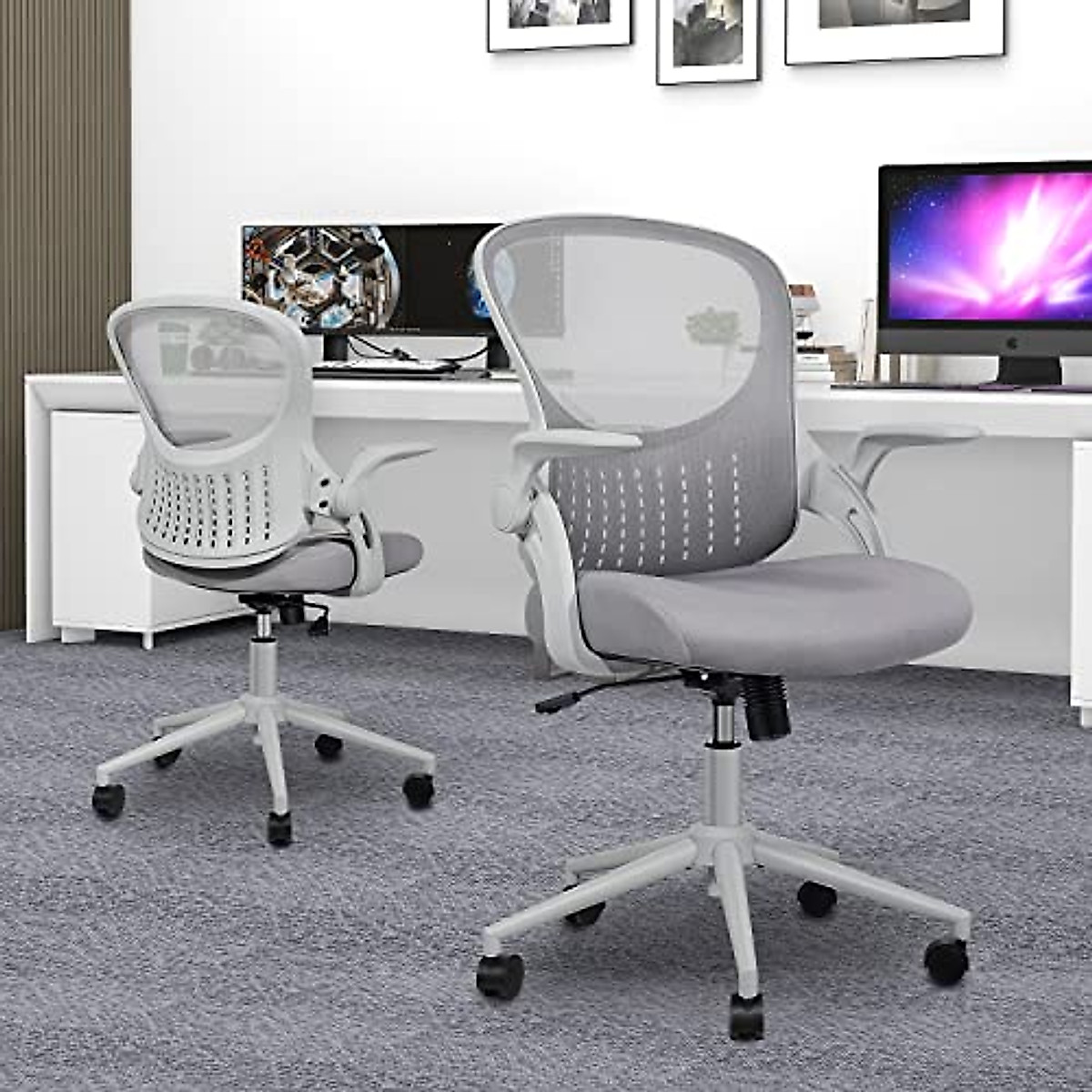 SMUG Home Office Ergonomic Desk Mesh Computer Modern Height Adjustable Swivel Chair with Lumbar Support/Flip-up Arms, Grey, 23.8D x 23.2W x 39.8H