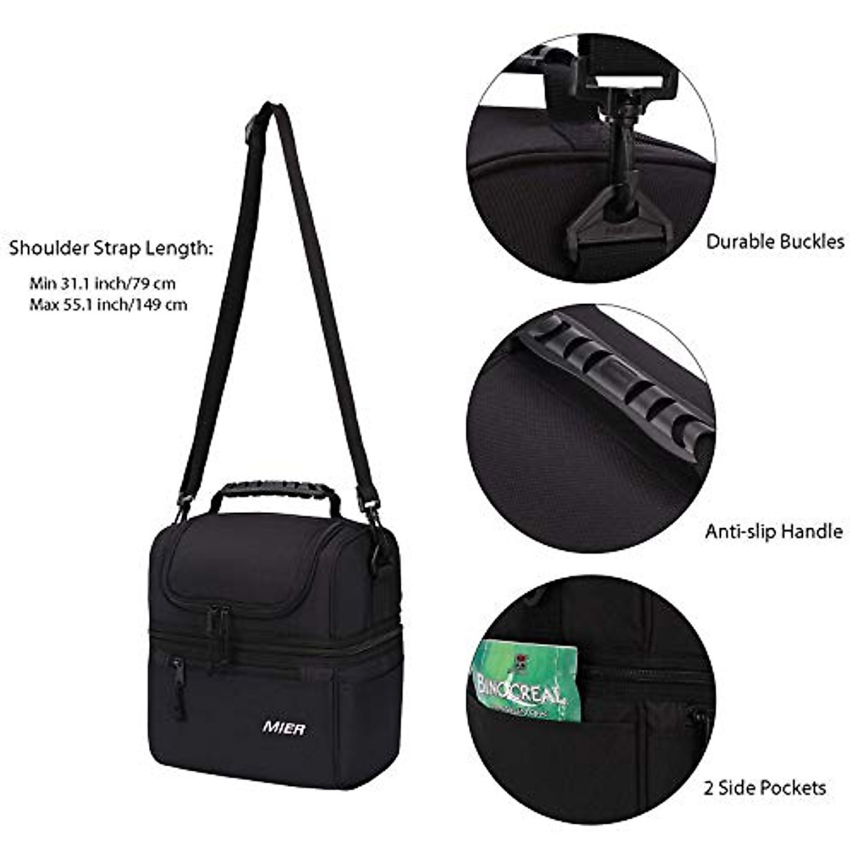 MIER 2 Compartment Lunch Bag for Men Women, Leakproof Insulated Cooler Bag for Work, School, (Bluesteel and Black)