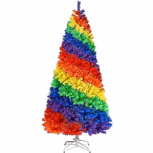 CHEFJOY 7FT Rainbow Artificial Christmas Tree, Colorful Hinged Holiday Pine Tree with 1213 Branch Needles, Solid Folding Metal Stand, Indoor Outdoor Xmas Full Tree for Holiday Decoration, Multicolor
